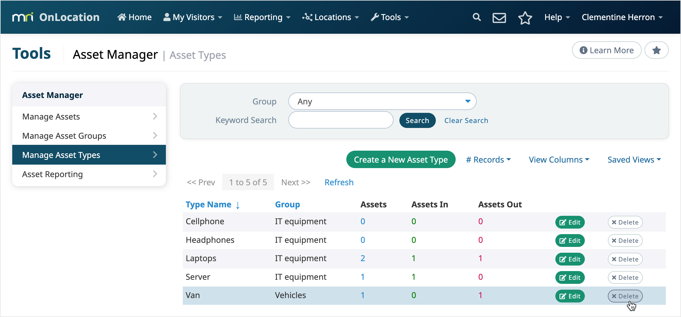 Manage asset types – MRI OnLocation | Help Center
