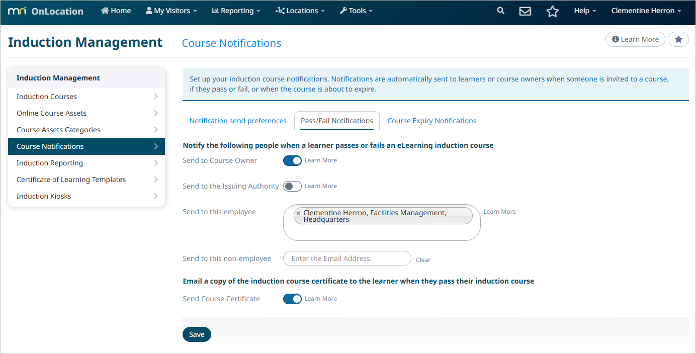 Set up induction course notifications – MRI OnLocation | Help Center