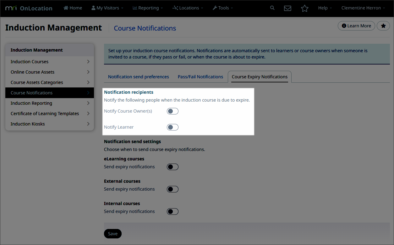 Set up induction course notifications – MRI OnLocation | Help Center