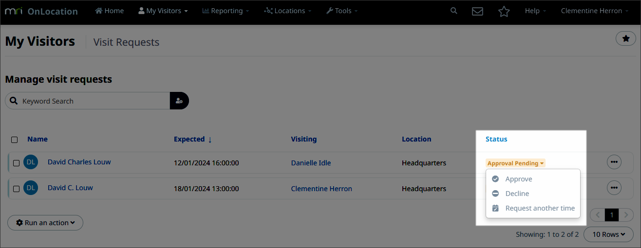 Manage visit requests – MRI OnLocation | Help Center