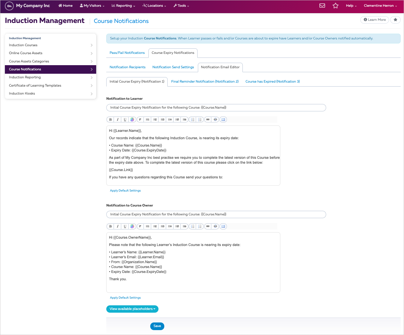 Set up induction course notifications – WhosOnLocation | Help Center